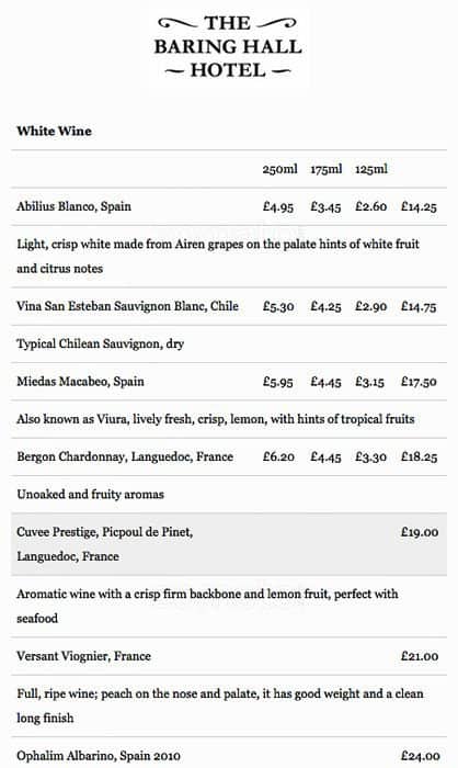 Menu at The Baring Hall Hotel, London