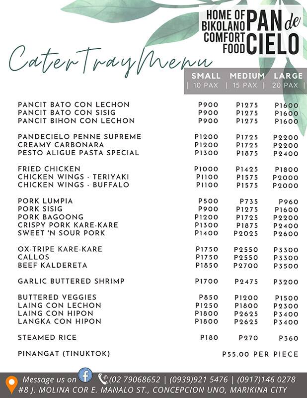 Menu at Pan de Cielo restaurant, Marikina, 8 J. Molina Street Corner ...