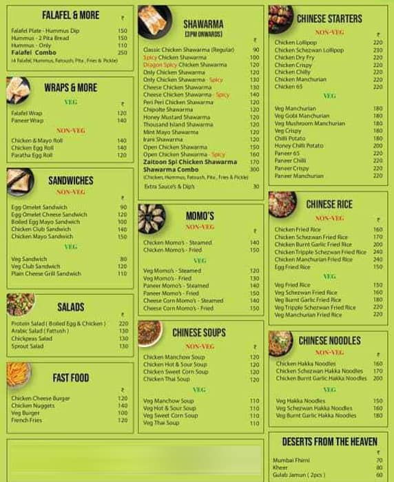 Menu of Zaitoon's Bistro, Siolim, Goa