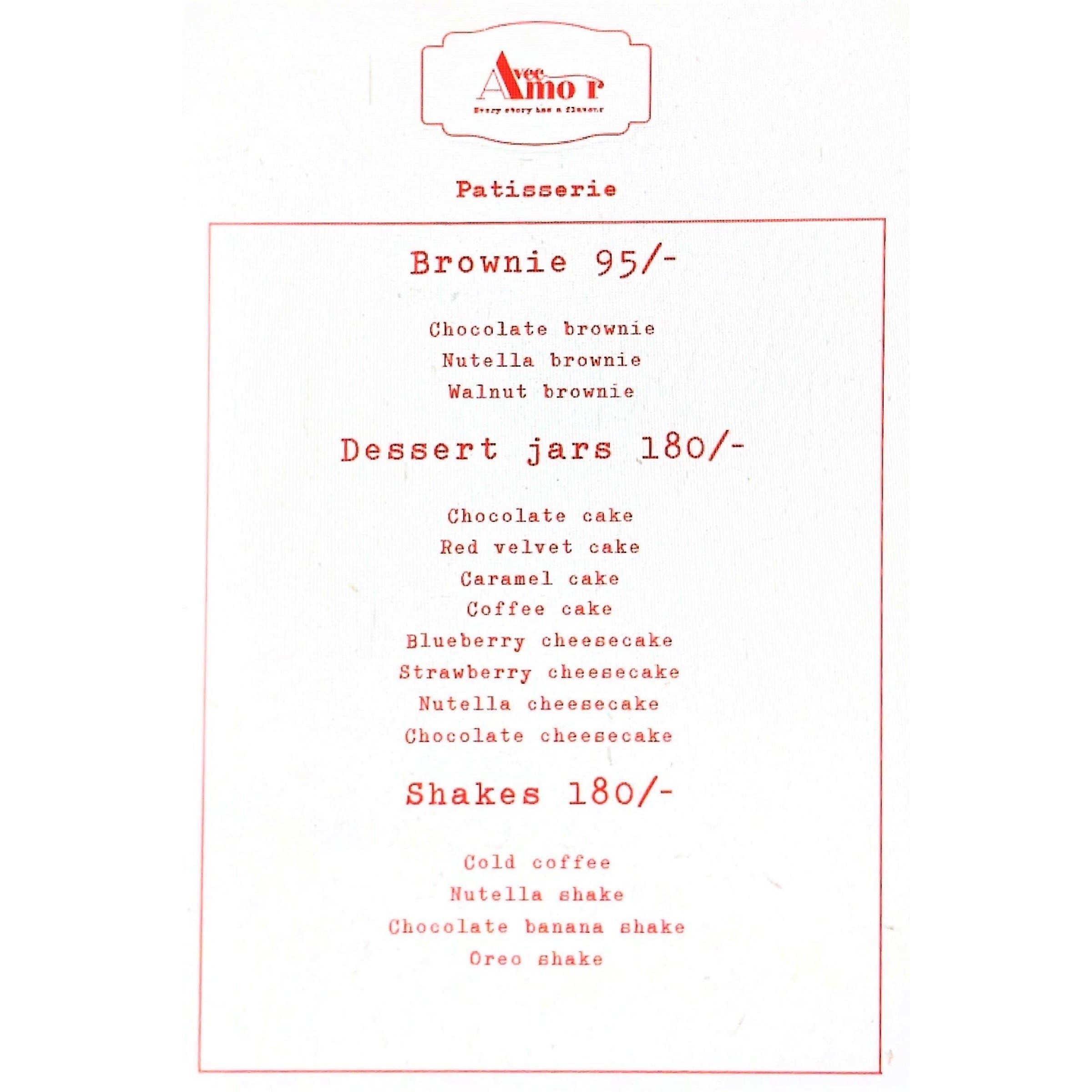 Menu of Avec Amour Patisserie, Upvan, Thane West, Thane