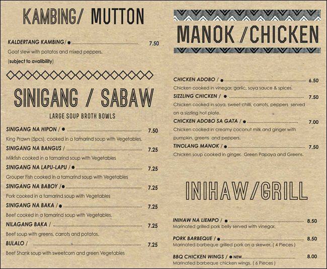 Menu at Lutong Pinoy restaurant, London