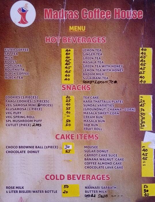 Menu at Madras Coffee House, Chennai, Platform No - 11