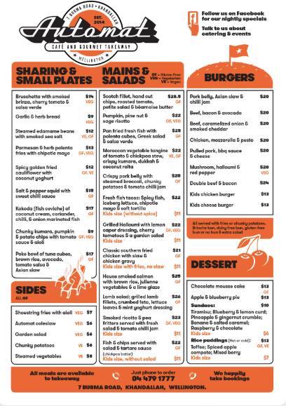 Menu at Automat restaurant, Wellington