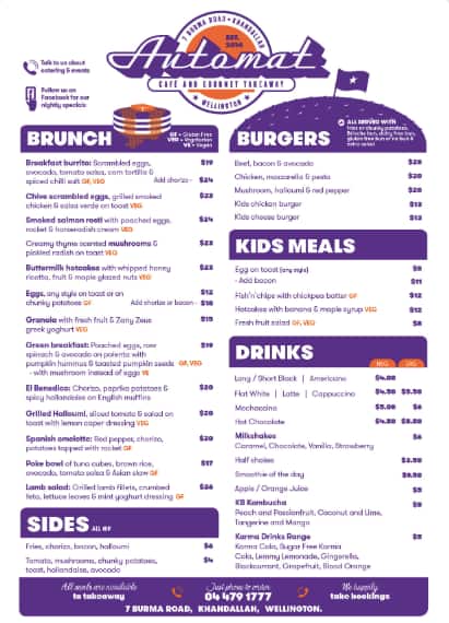 Menu at Automat restaurant, Wellington