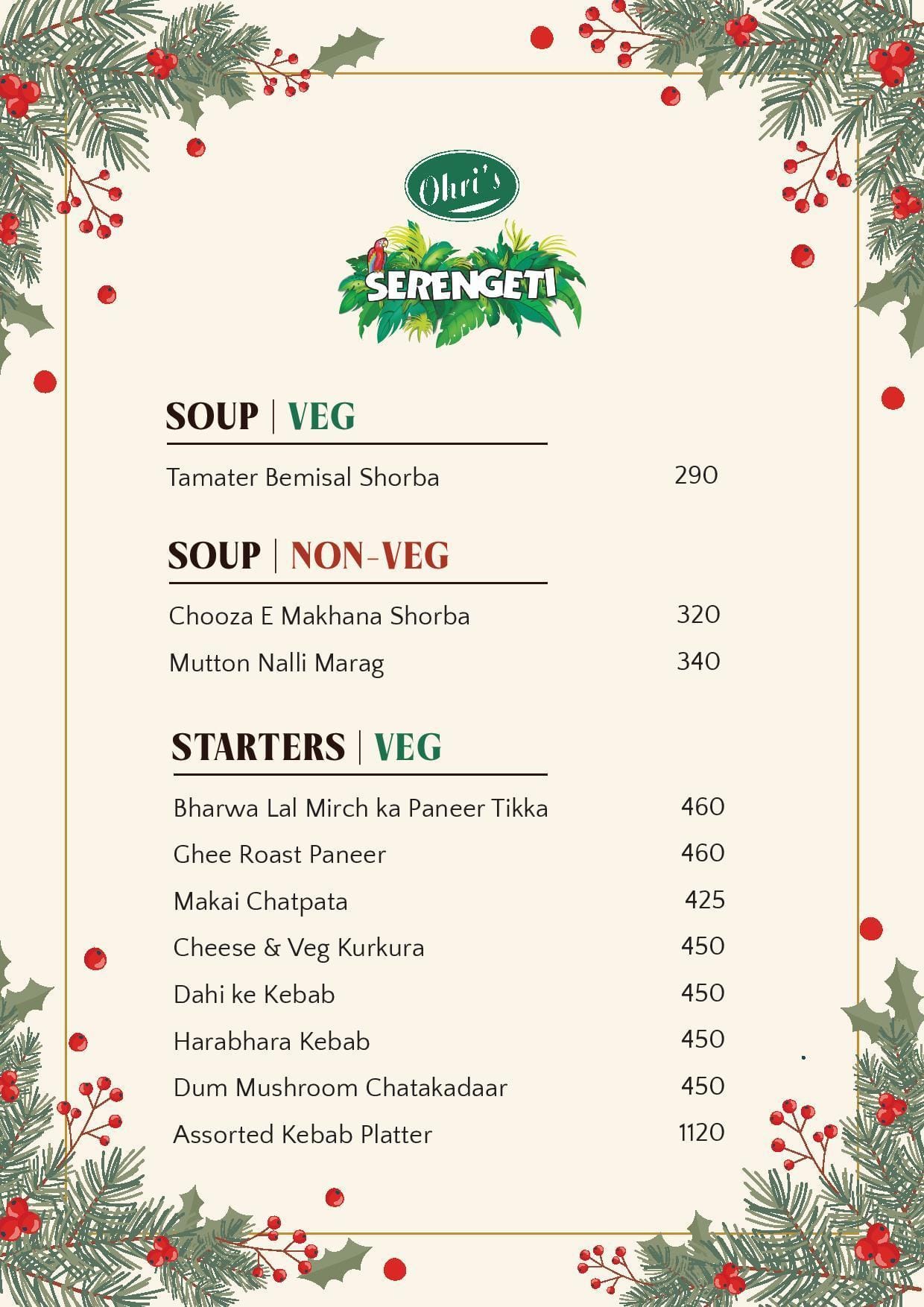 Menu of Ohri's Serengeti, Banjara Hills, Hyderabad
