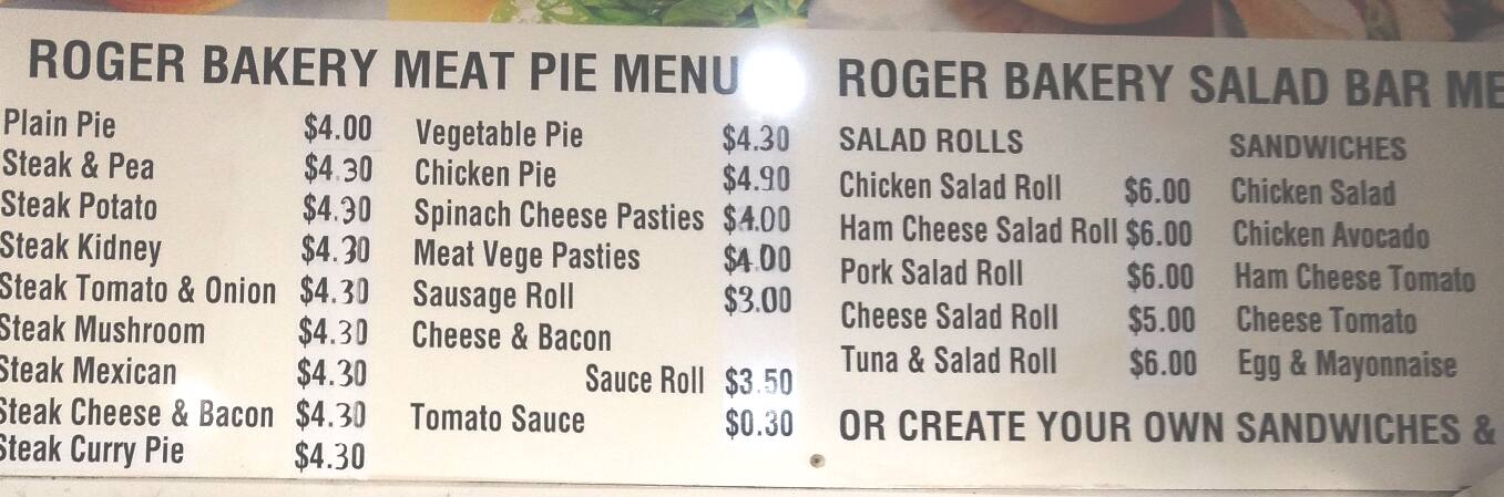 Menu at Roger Bakery, Turramurra