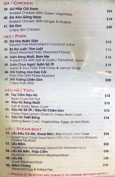 Menu at Hai Au Lang Nuong restaurant, Canley Vale