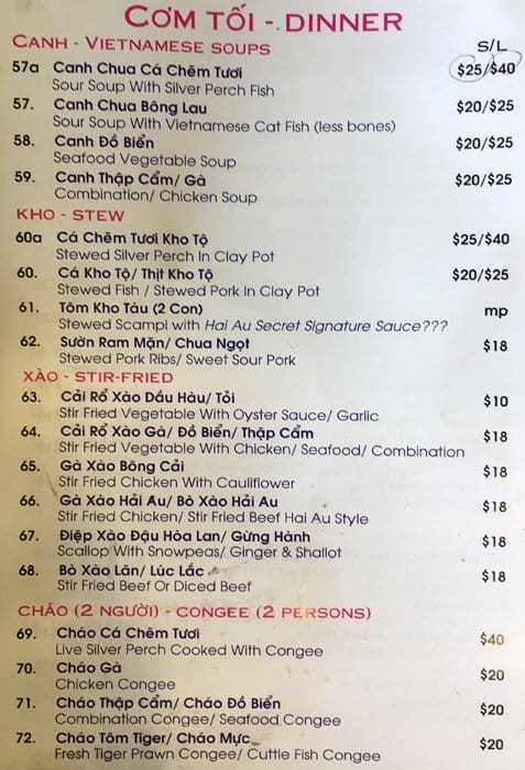 Menu at Hai Au Lang Nuong restaurant, Canley Vale