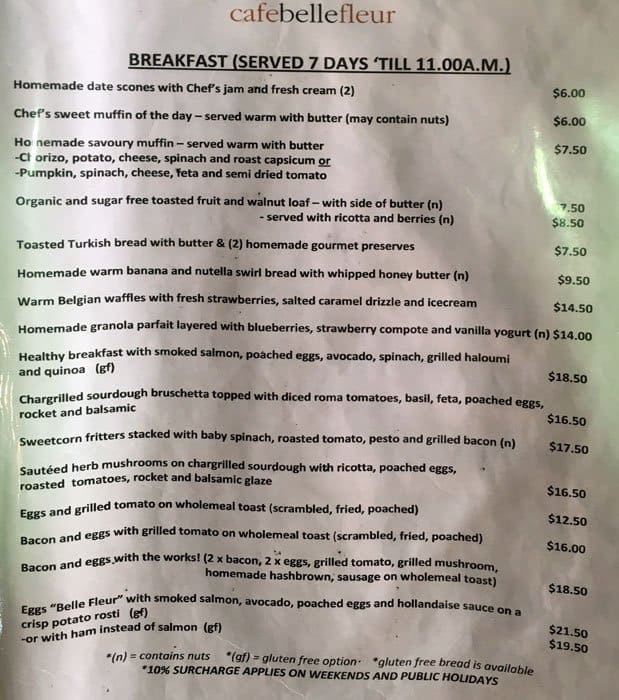 Menu at Cafe Belle Fleur, Castle Hill