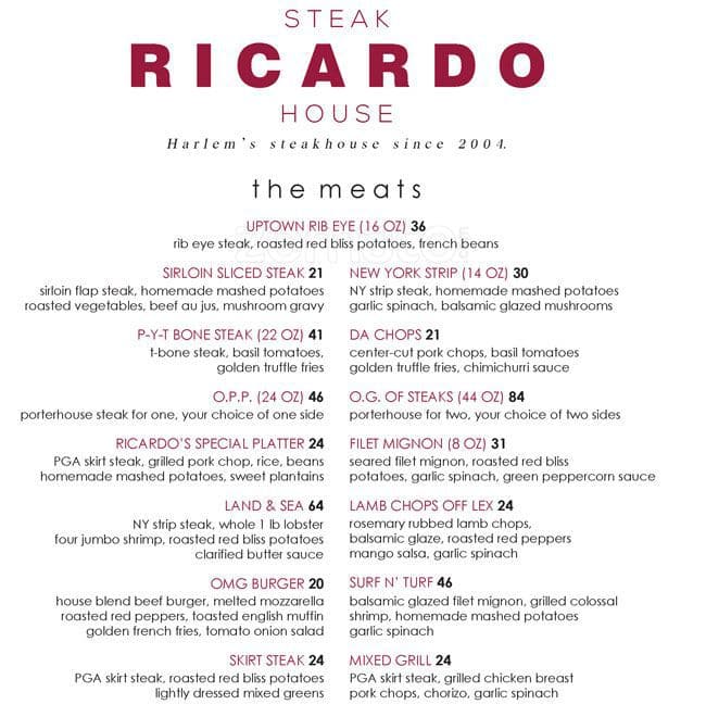 Menu at Ricardo steakhouse, New York City, 2nd Ave