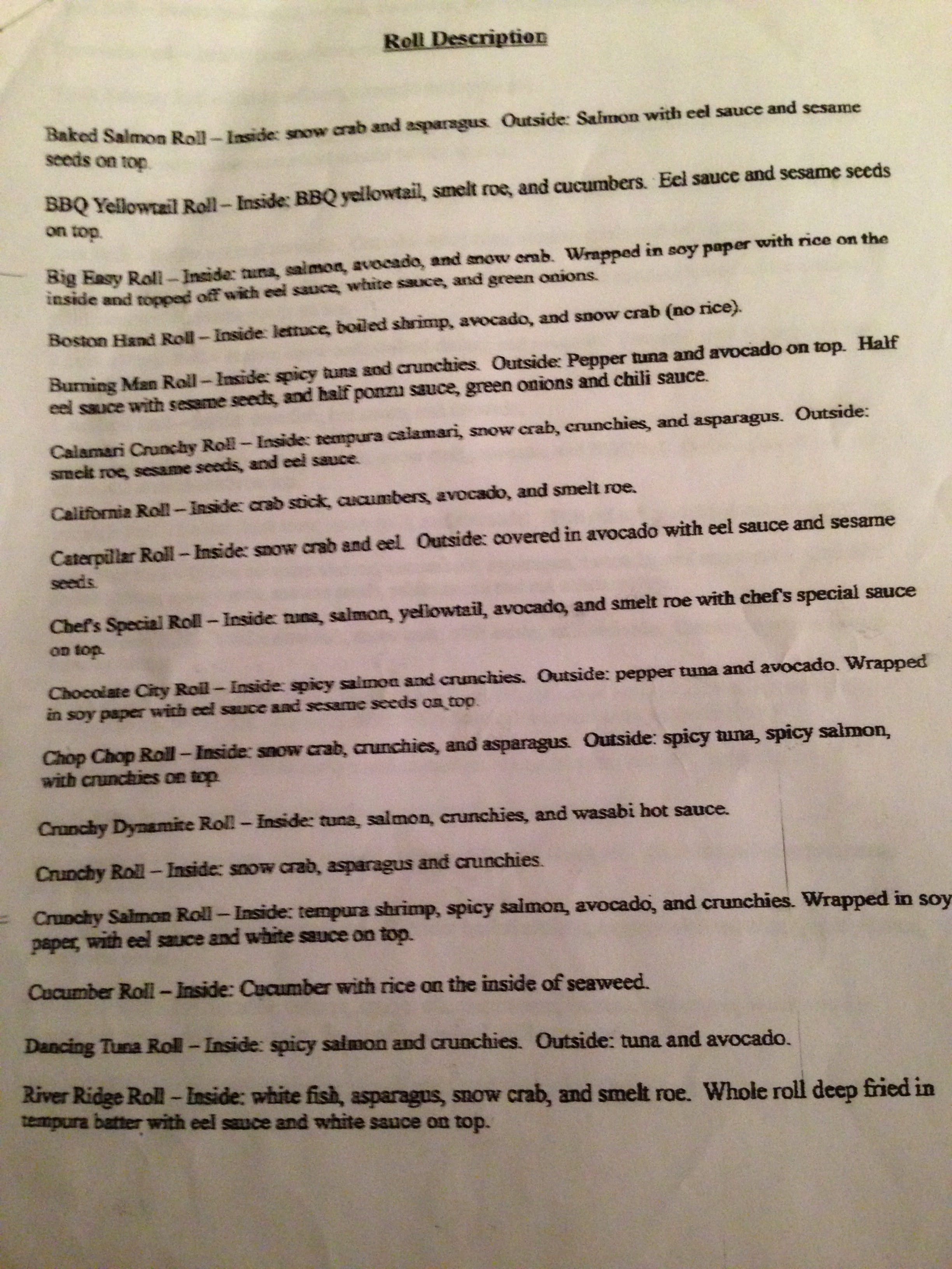 Menu at Taste of Tokyo restaurant, River Ridge