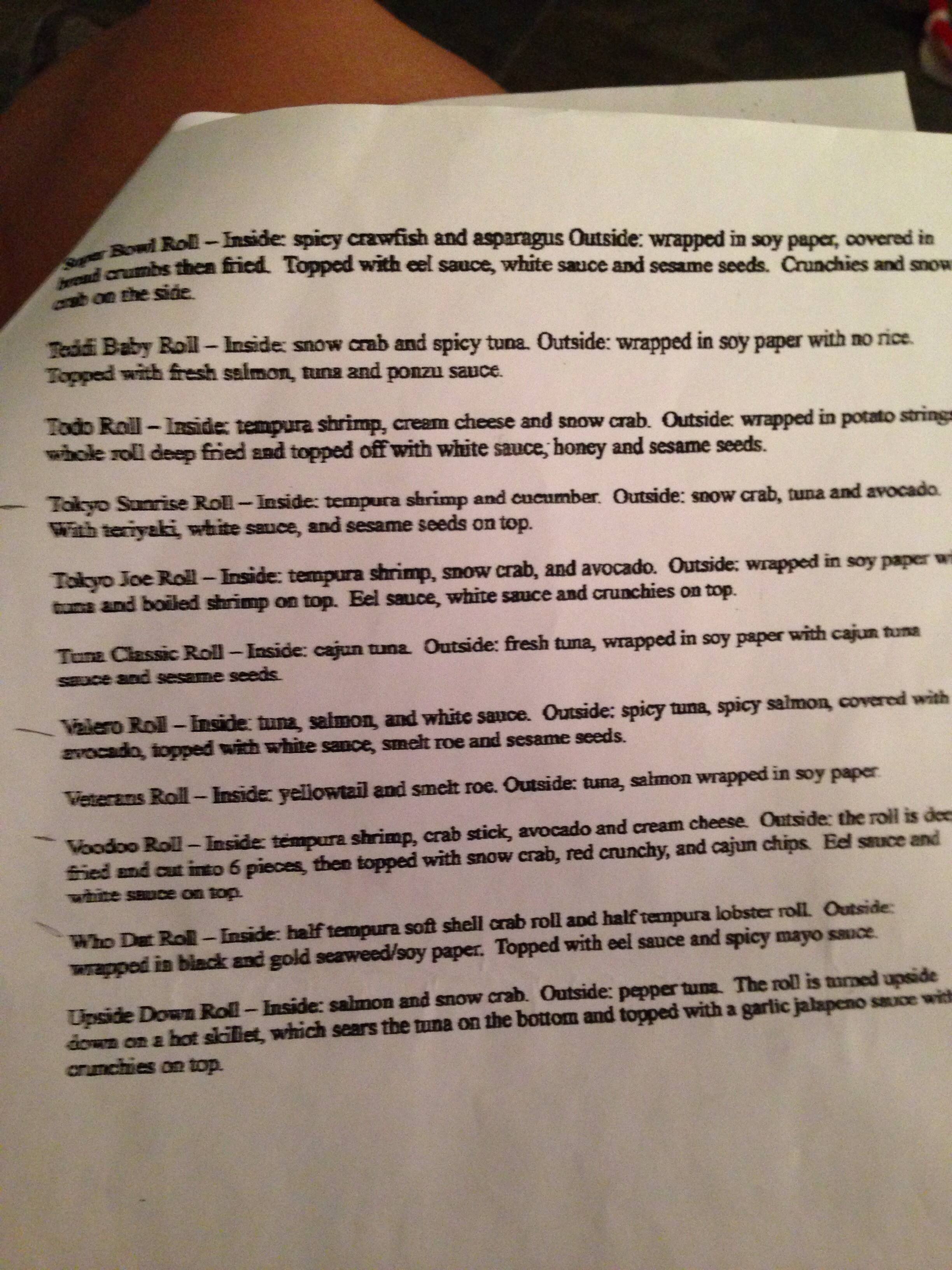 Menu at Taste of Tokyo restaurant, River Ridge