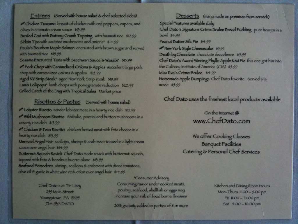 Menu at Tin Lizzy pub & bar, Youngstown, 259 Main St