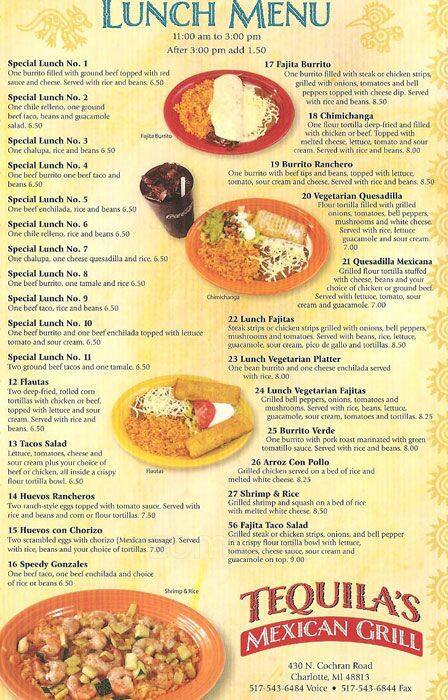 Menu at Tequila's Mexican Grill restaurant, Charlotte