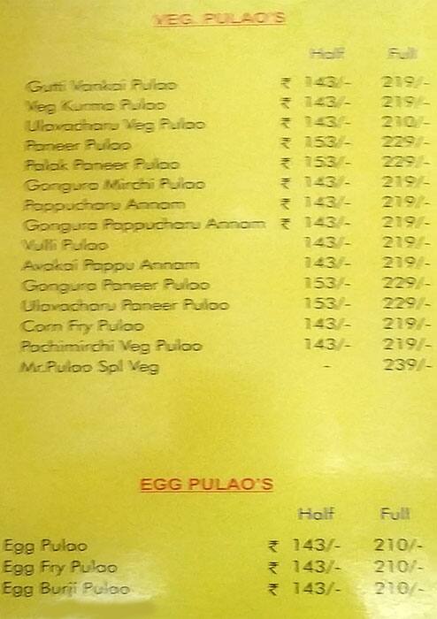 Menu at Traditional pulao factory, Hyderabad