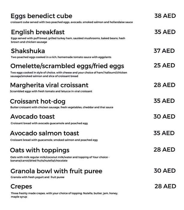 Menu of Boho Cafe, DIFC, Dubai