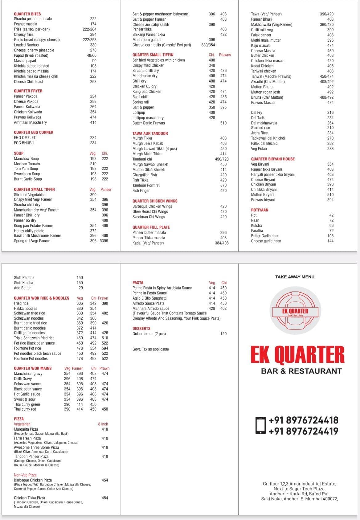 Menu of EK Quarter, Sakinaka, Mumbai