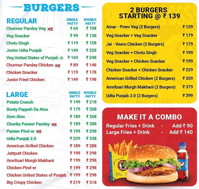 Menu of Burger Singh - Big Punjabi Burgers, Connaught Place, New Delhi