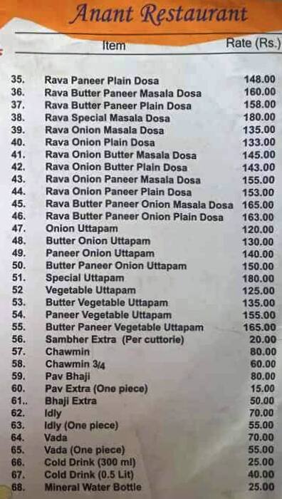 Menu at Anant Restaurant, Agra, Below Uttar Pradesh Awas Vikash Parisad