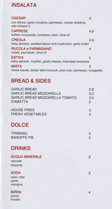 Menu at Pasta Brown restaurant, London, 31-32 Bedford St