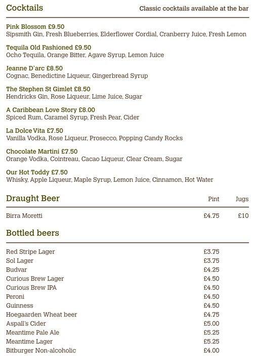 Menu at Stephens St Kitchen restaurant, London