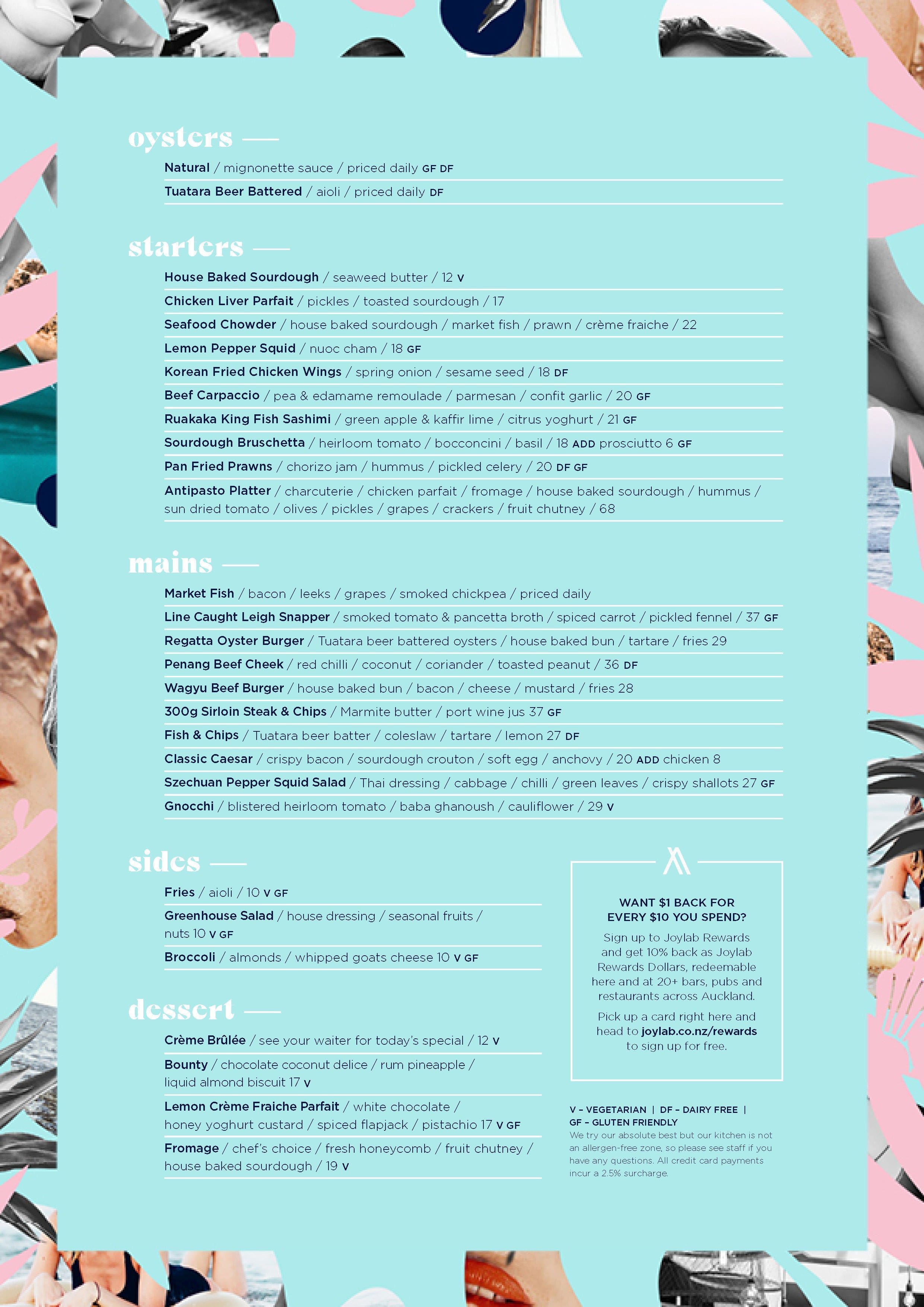 Menu at Regatta pub & bar, Auckland