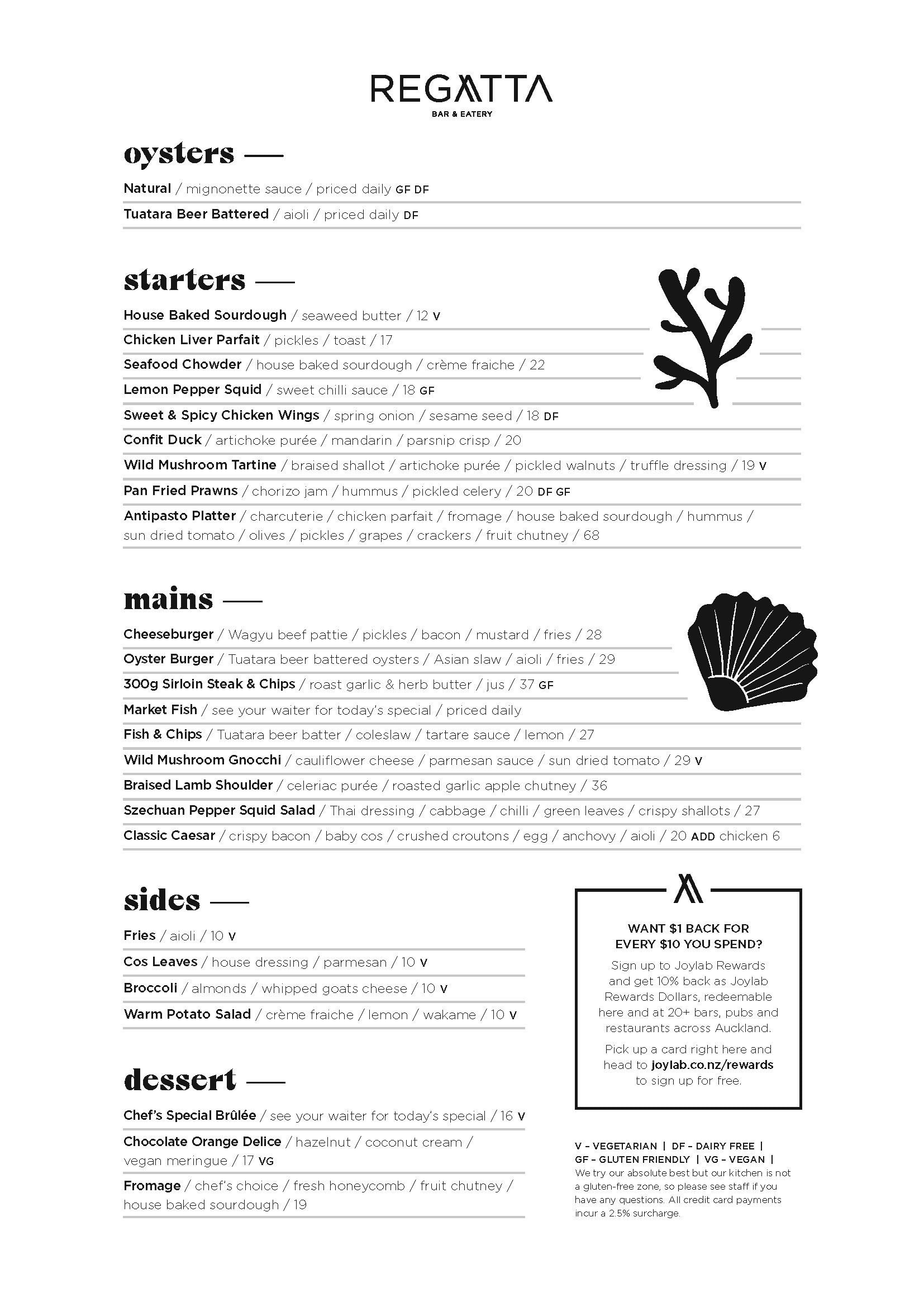 Menu at Regatta pub & bar, Auckland