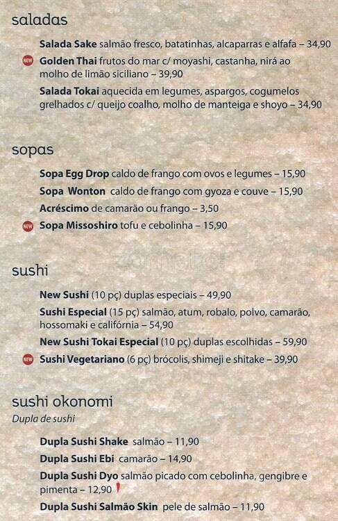 Menu at Tokai restaurant, Salvador, 1º piso Shopping da Barra