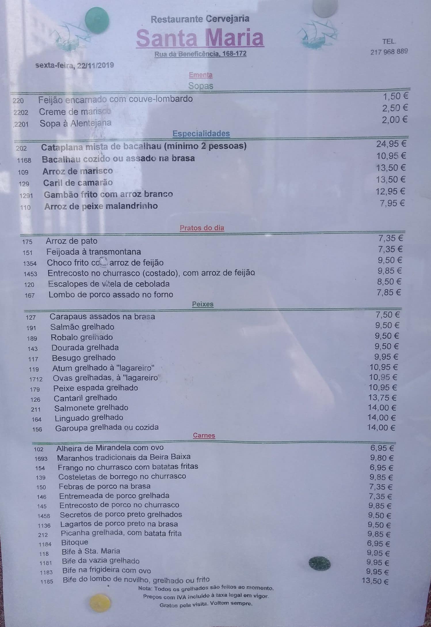 Menu at Santa Maria restaurant, Lisbon, R. da Beneficência 168