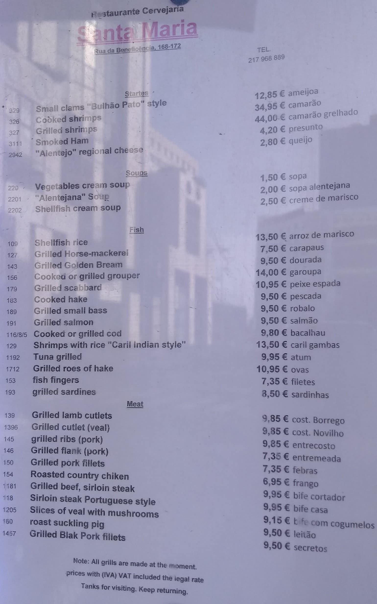 Menu at Santa Maria restaurant, Lisbon, R. da Beneficência 168