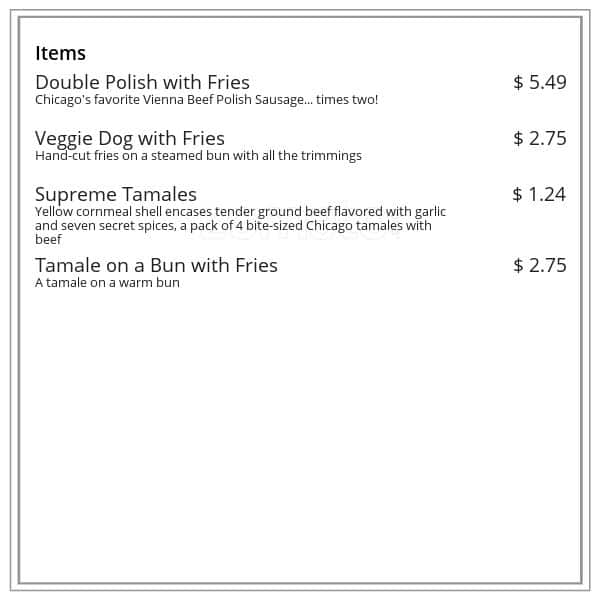 Menu at Jimmy's Red Hots restaurant, Chicago, W Grand Ave