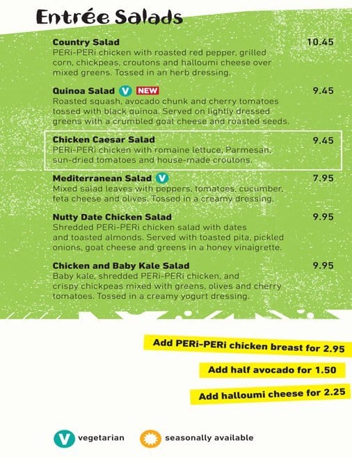 Menu at Nando's, Chicago