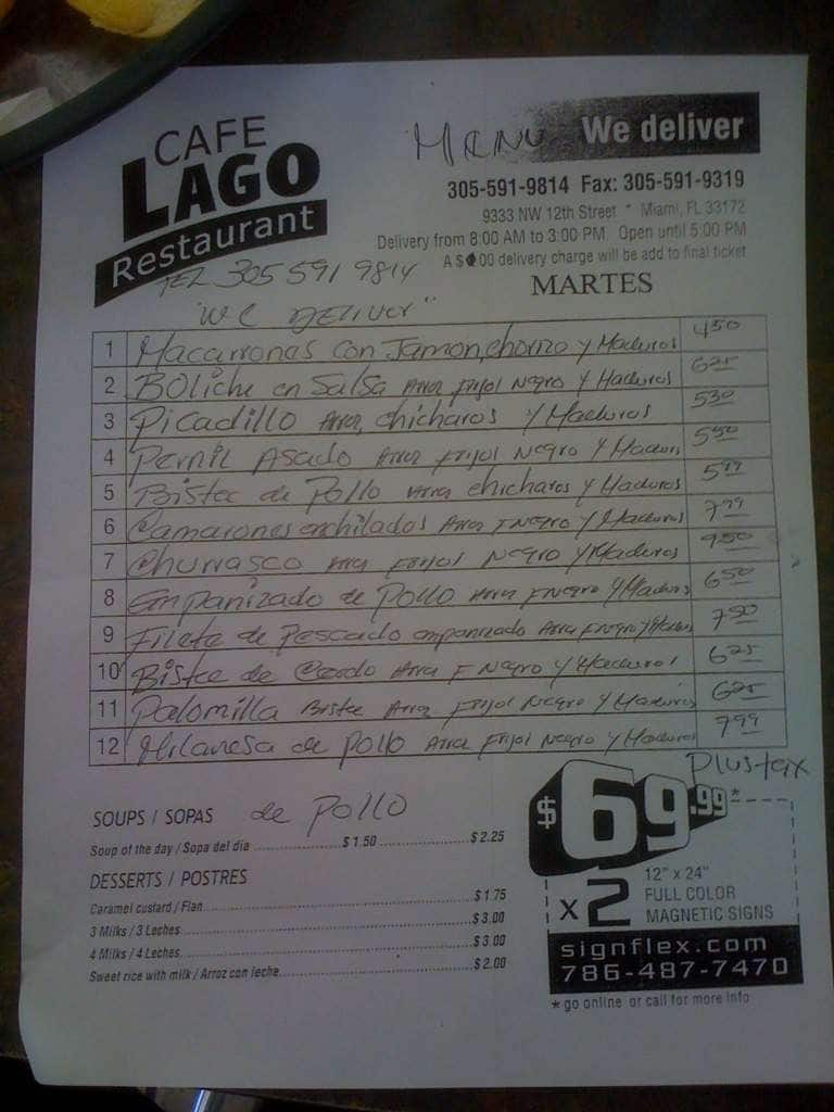 Menu at Cafe Lago, Doral