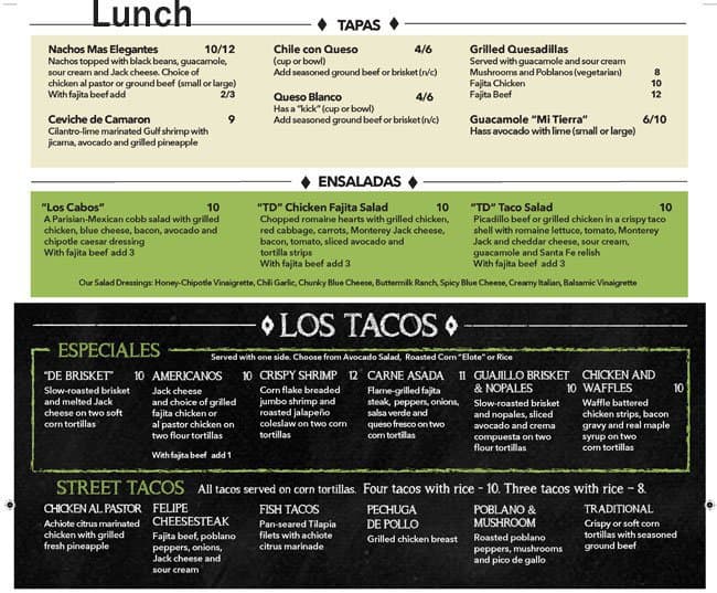 Menu at Taco Diner restaurant, Fort Worth, 156 W 4th St