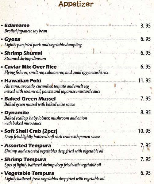 Menu at Densetsu restaurant, Plano