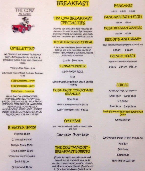 Menu at The Cow An Eatery cafe, Morrison