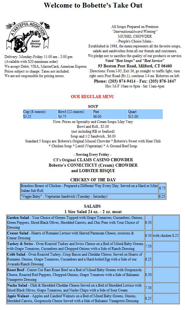 Menu at Bobette's restaurant, Milford