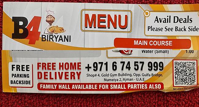 Menu of B4 Biryani Restaurant, Nuaimiya, Ajman
