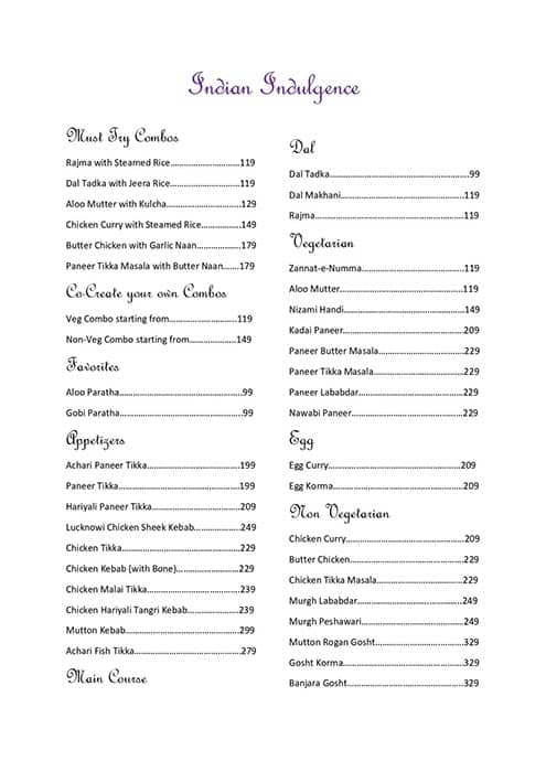 Menu of Indian Indulgence, Sarjapur Road, Bangalore