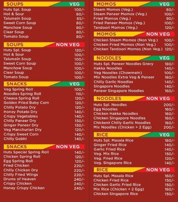 Menu of Chinese Hut, Pitampura, New Delhi