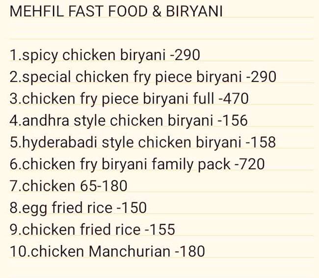 Menu of Mehfil Fast Food & Biryani, Moti Nagar, Hyderabad