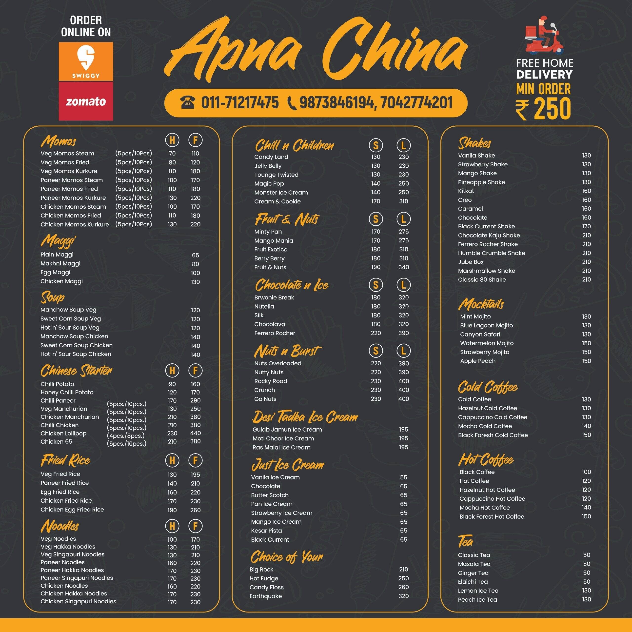 Menu of Apna China, Laxmi Nagar, New Delhi