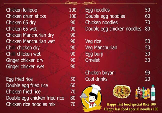 Menu of Happy Fast Food Centre, A S Rao Nagar, Secunderabad