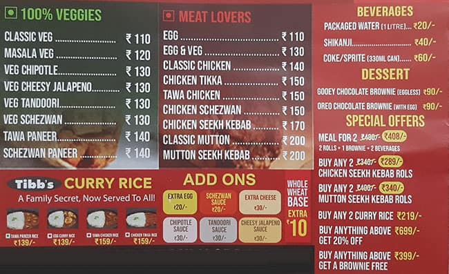 Menu at Tibbs Frankie, Mumbai, Linking Road