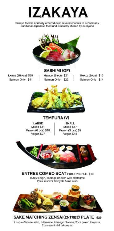 Menu at Yuzu restaurant, Auckland, 235 Symonds St