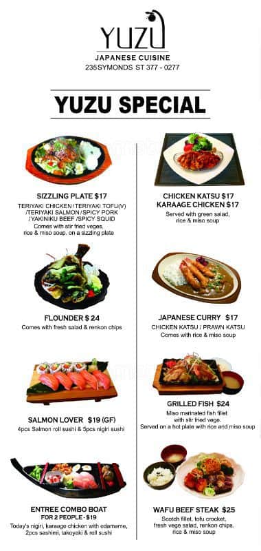 Menu at Yuzu restaurant, Auckland, 235 Symonds St