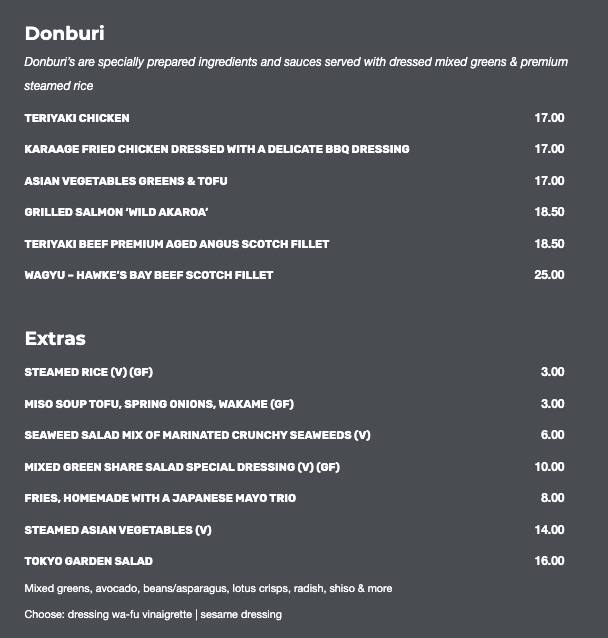 Menu at Tokyo Bay Japanese restaurant, Auckland, 20 The Strand