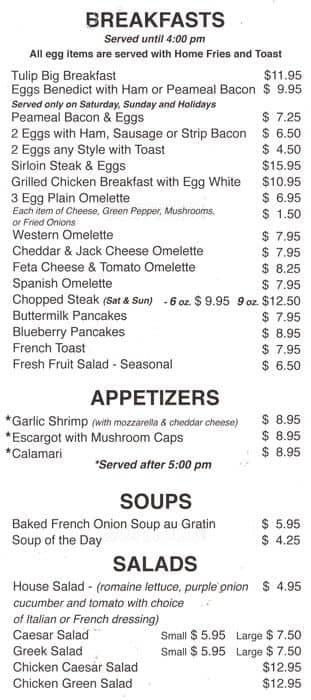 Menu at The Tulip Restaurant, Toronto