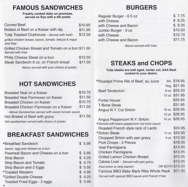 Menu at The Tulip Restaurant, Toronto