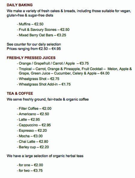 Menu at Cornucopia Wholefoods Restaurant, Dublin